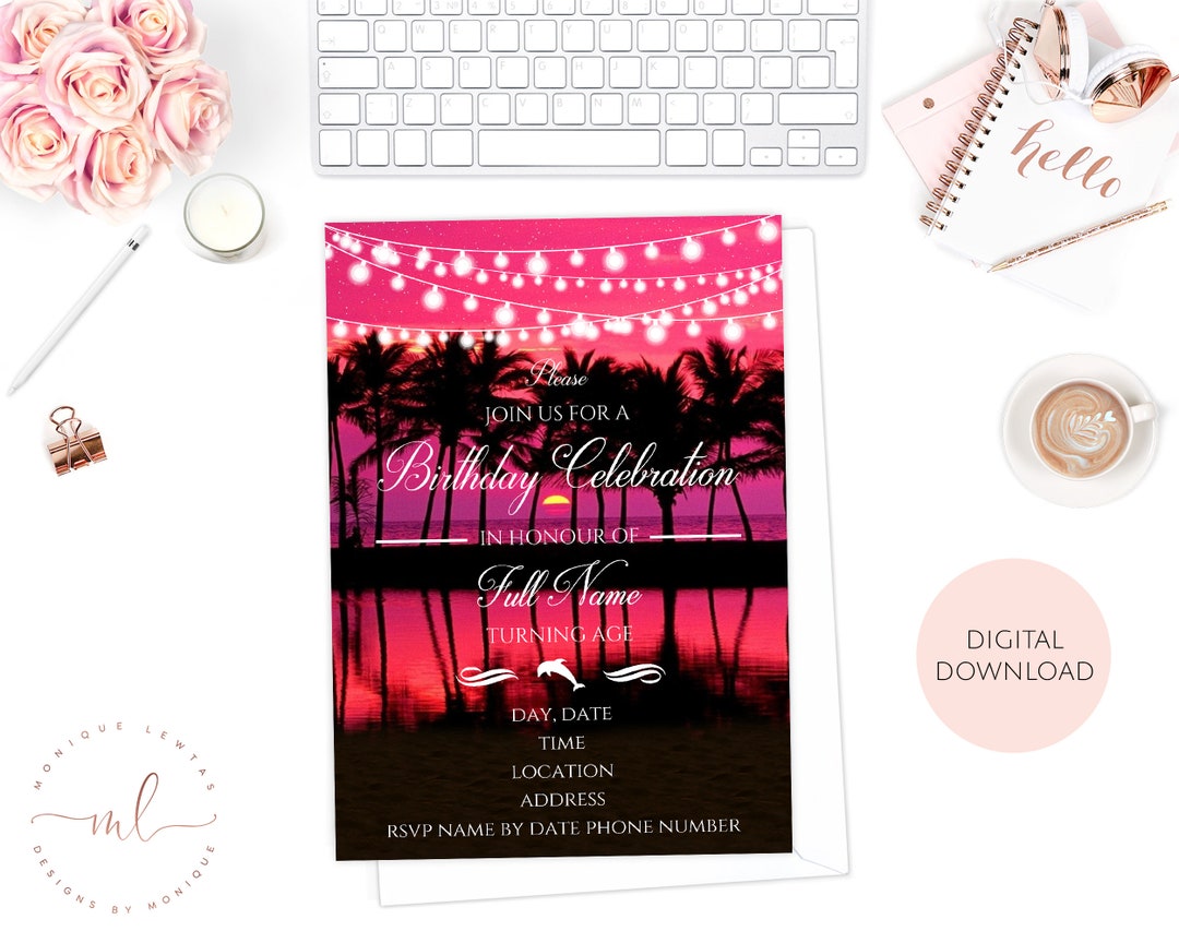 Printable Personalised Girls Pink Beach Party Invitations, Beach Theme ...