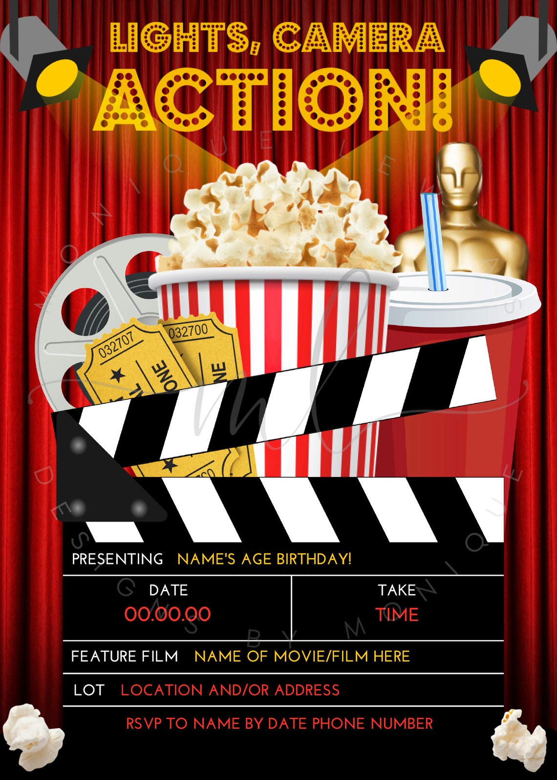 Printable Personalised Movie Theater Birthday Invitation, Movie Night ...