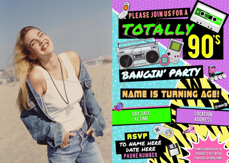 Printable Personalised 90's Themed Invitations, 90's Party, 90's ...