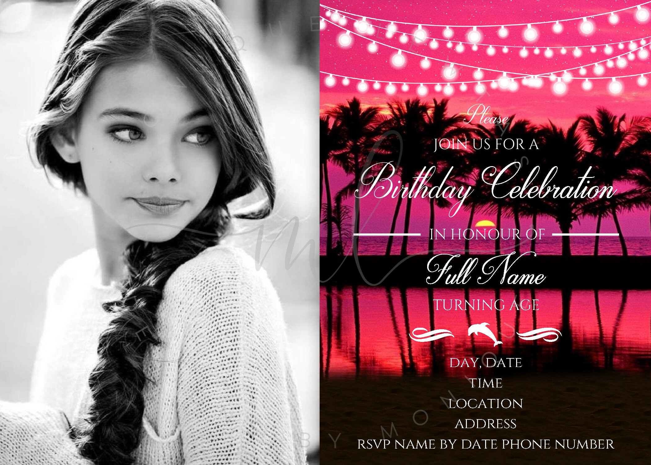 Printable Personalised Girls Pink Beach Party Invitations, Beach Theme ...