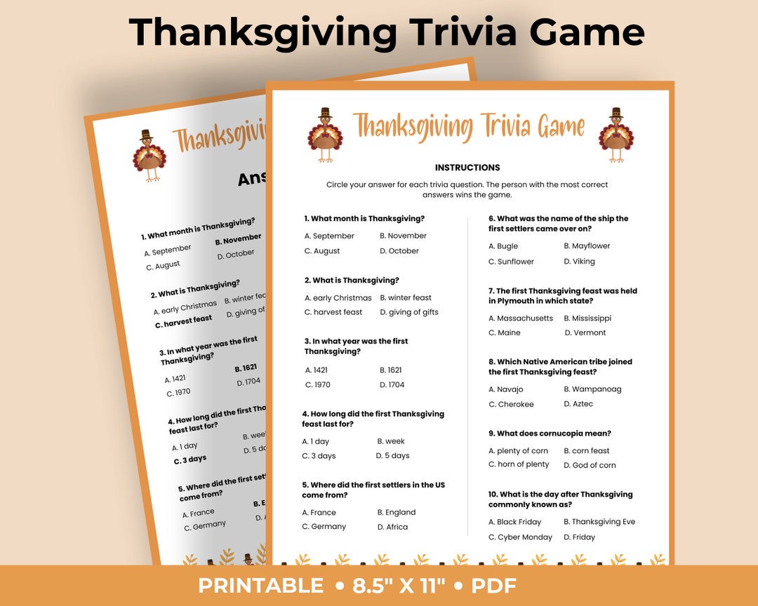 Thanksgiving Trivia Game Printable, Thanksgiving Party Game, Trivia ...