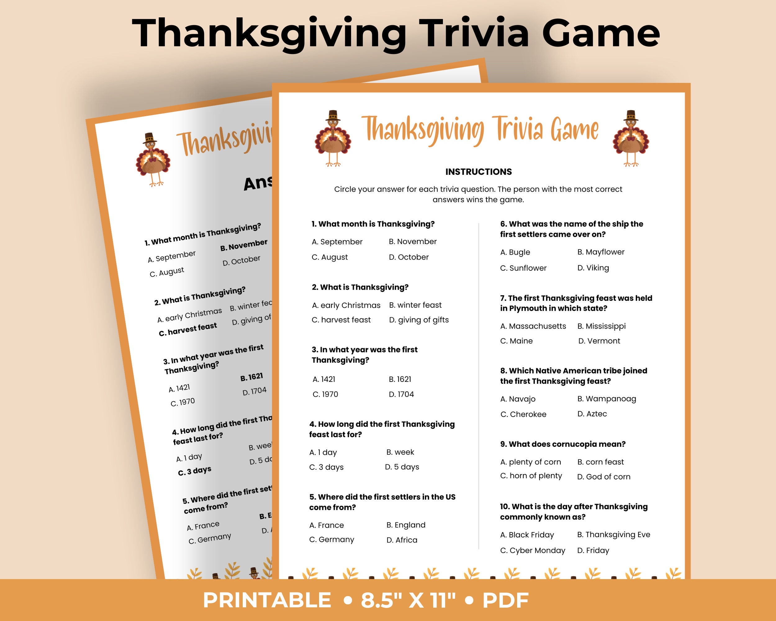 Thanksgiving Trivia Game Printable, Thanksgiving Party Game, Trivia ...
