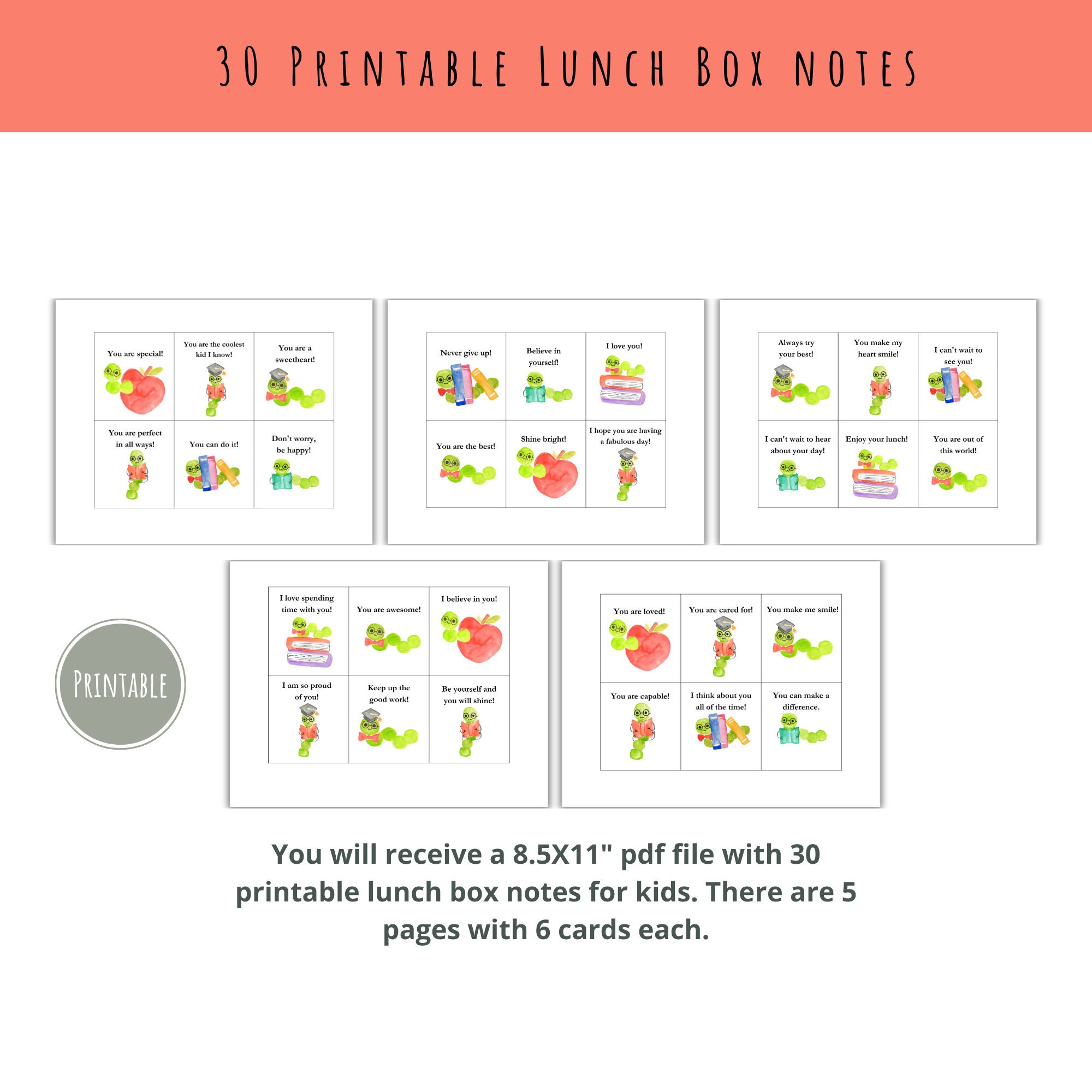 30 Printable Lunch Box Notes Cute Bookworm Lunchbox Notes - Etsy