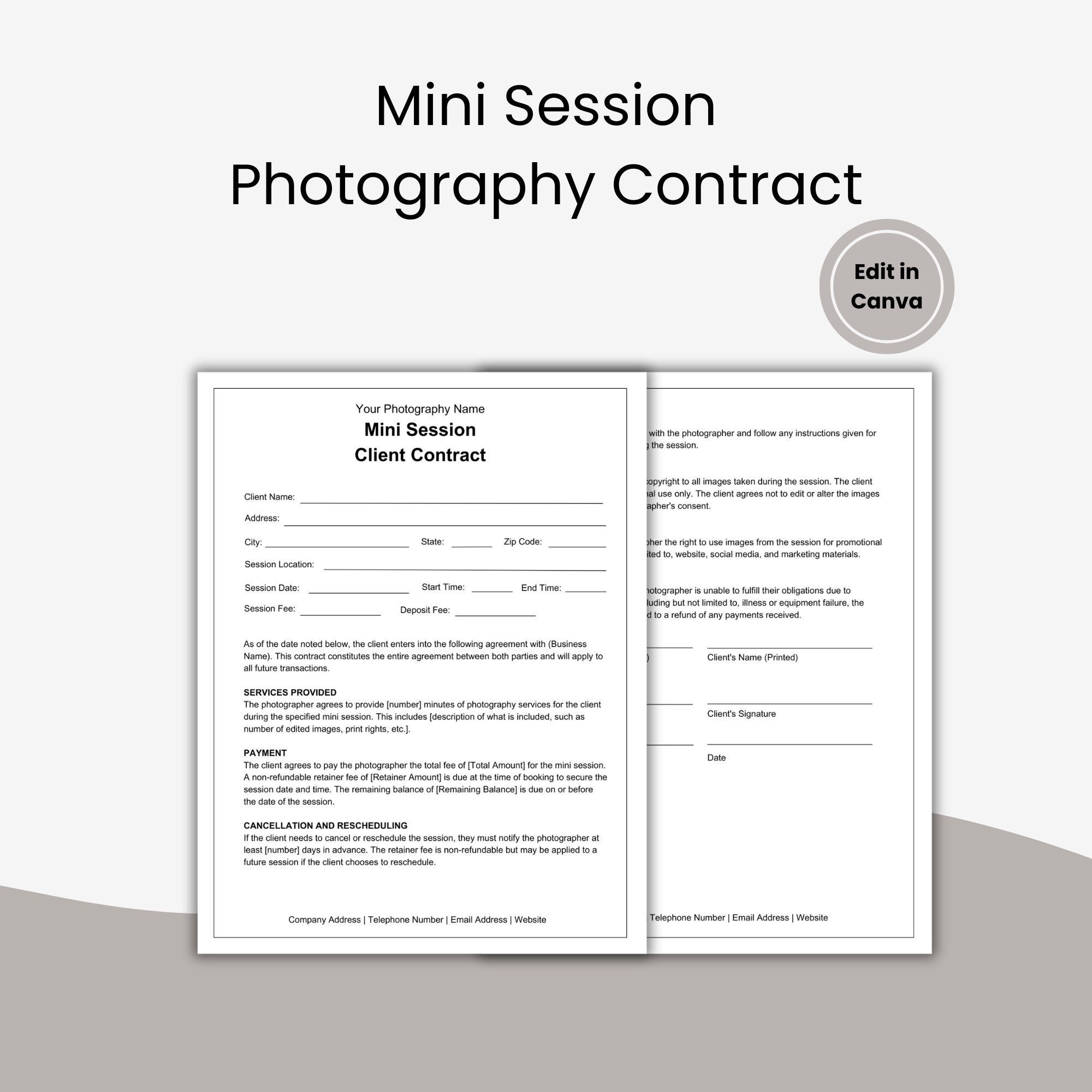 Mini Session Photography Contract, Photography Contract Template ...