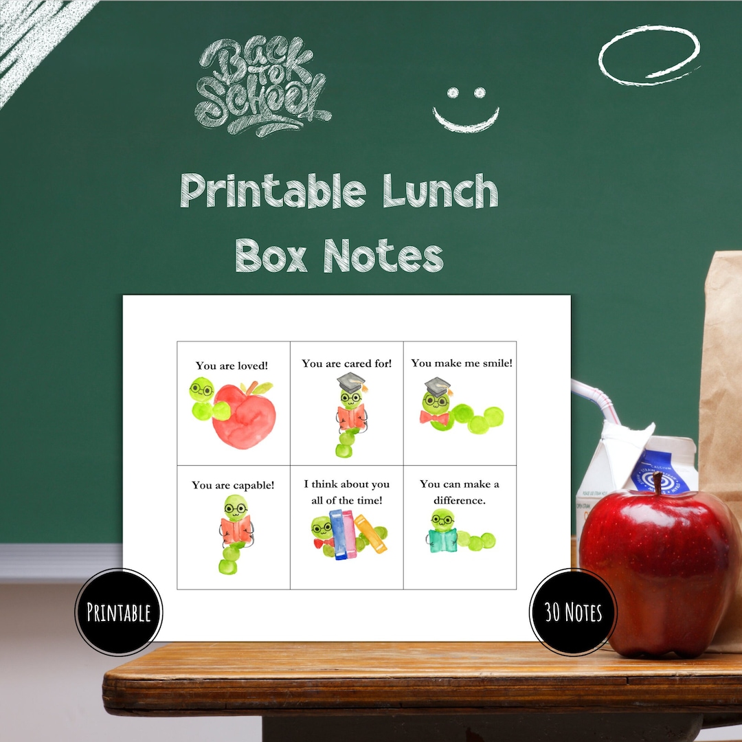 30 Printable Lunch Box Notes Cute Bookworm Lunchbox Notes - Etsy