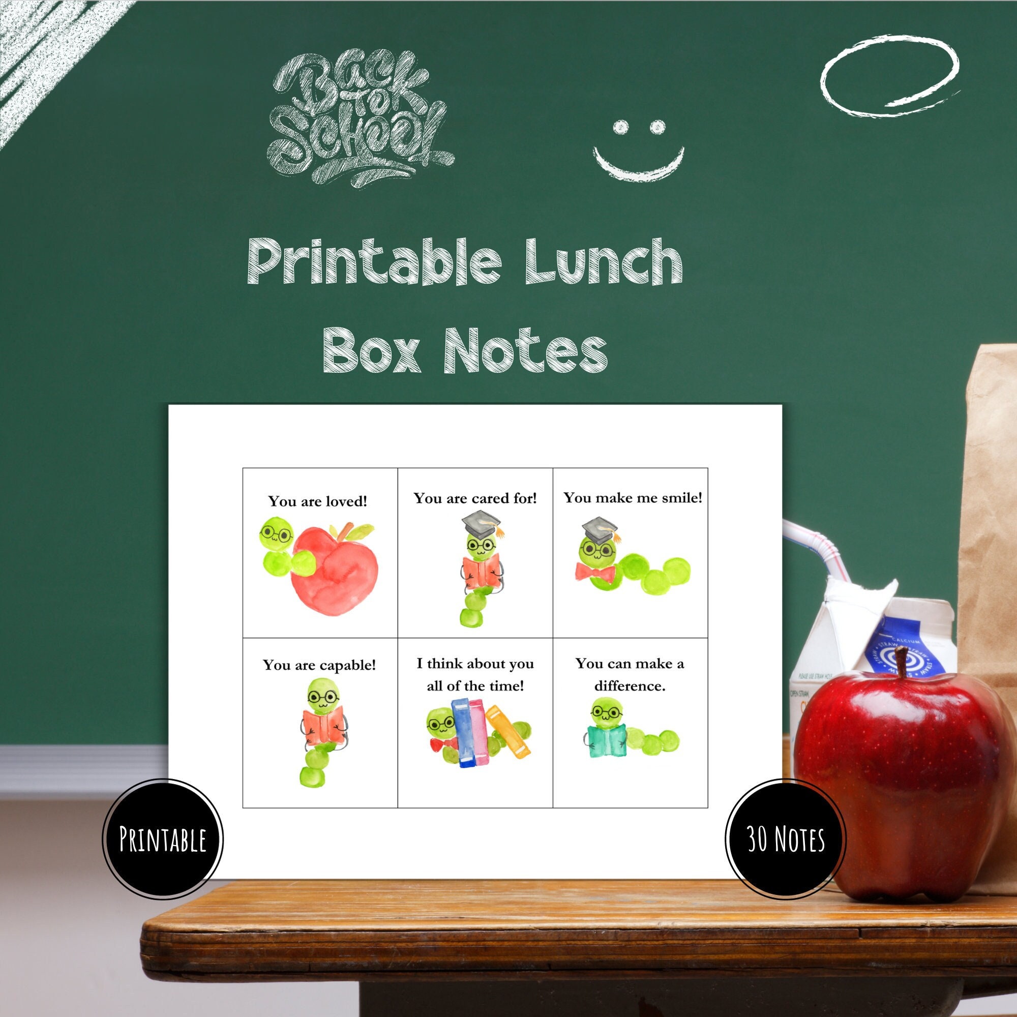 30 Printable Lunch Box Notes Cute Bookworm Lunchbox Notes - Etsy