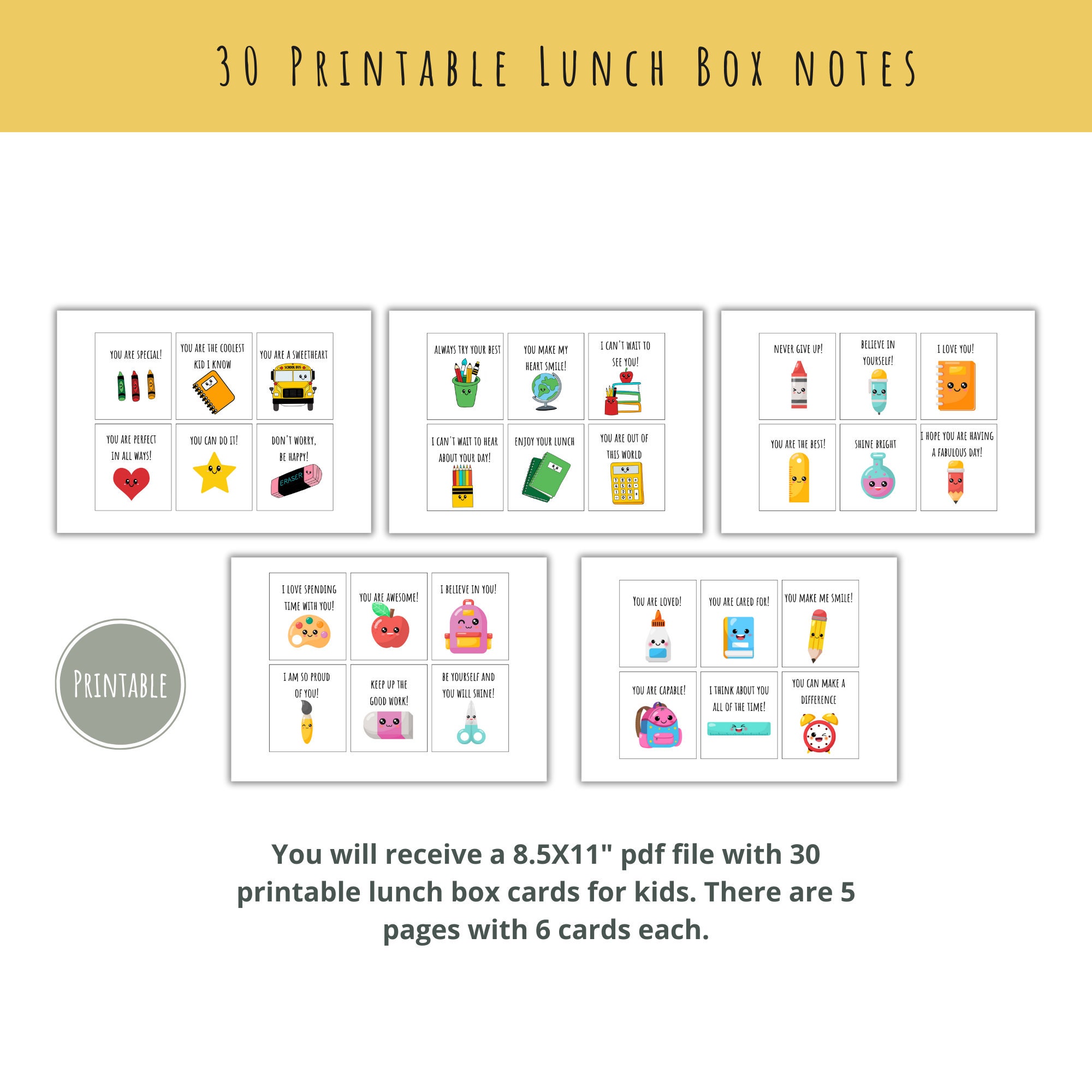 Printable Lunchbox Notes for Kids, Cute Lunchbox Notes, Kawaii Lunch ...