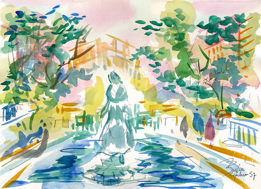 Woman Statue at RHSQ Park ,original Watercolors by Joe Barker (16x20 ...