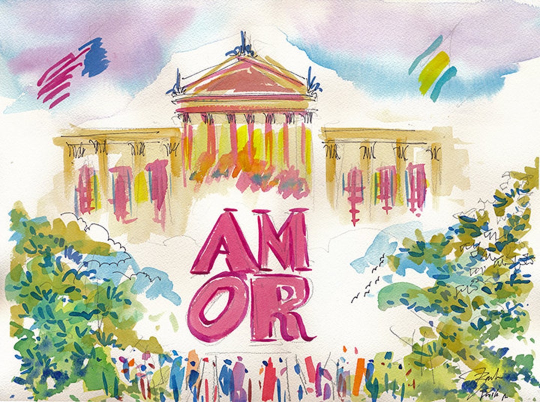 Philadelphia Museum With AMOR Love Statue is Original Watercolors 16x20 ...