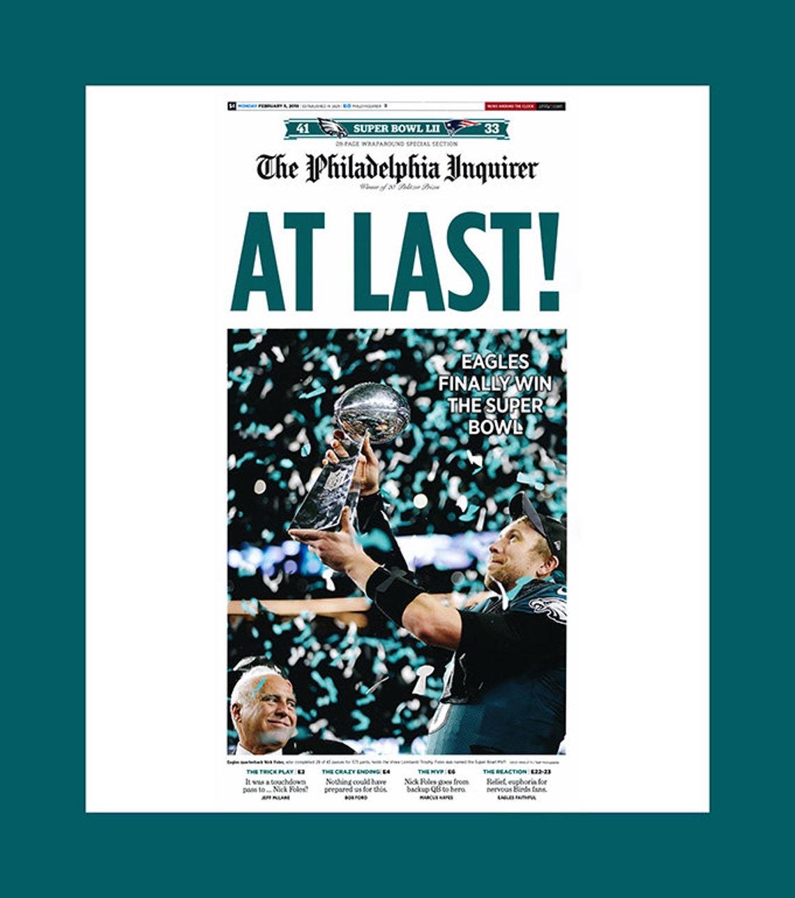 At Last philadelphia Inquirer Front Page Canvas Art - Etsy