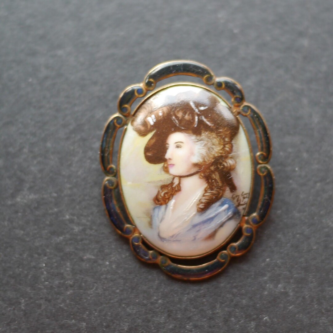 Porcelain and Enamel TLM Thomas L Mott Portrait Brooch With Woman in ...