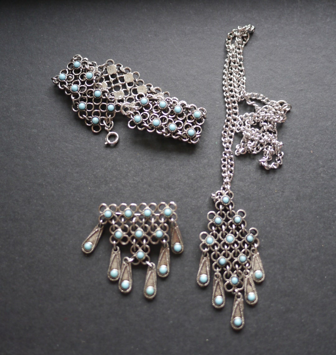 Vintage Jewellery Set, Brooch Bracelet and Pendant Necklace Silver Tone ...