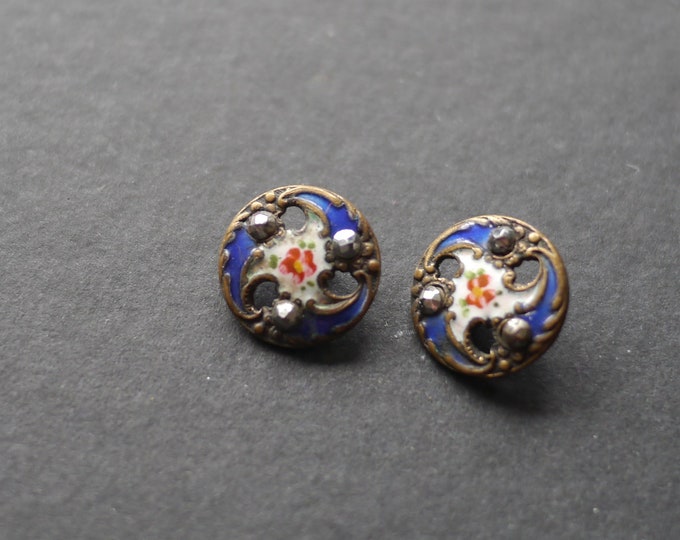 Two Antique Enamel Buttons White and Dark Blue, Hand Painted Flowers ...