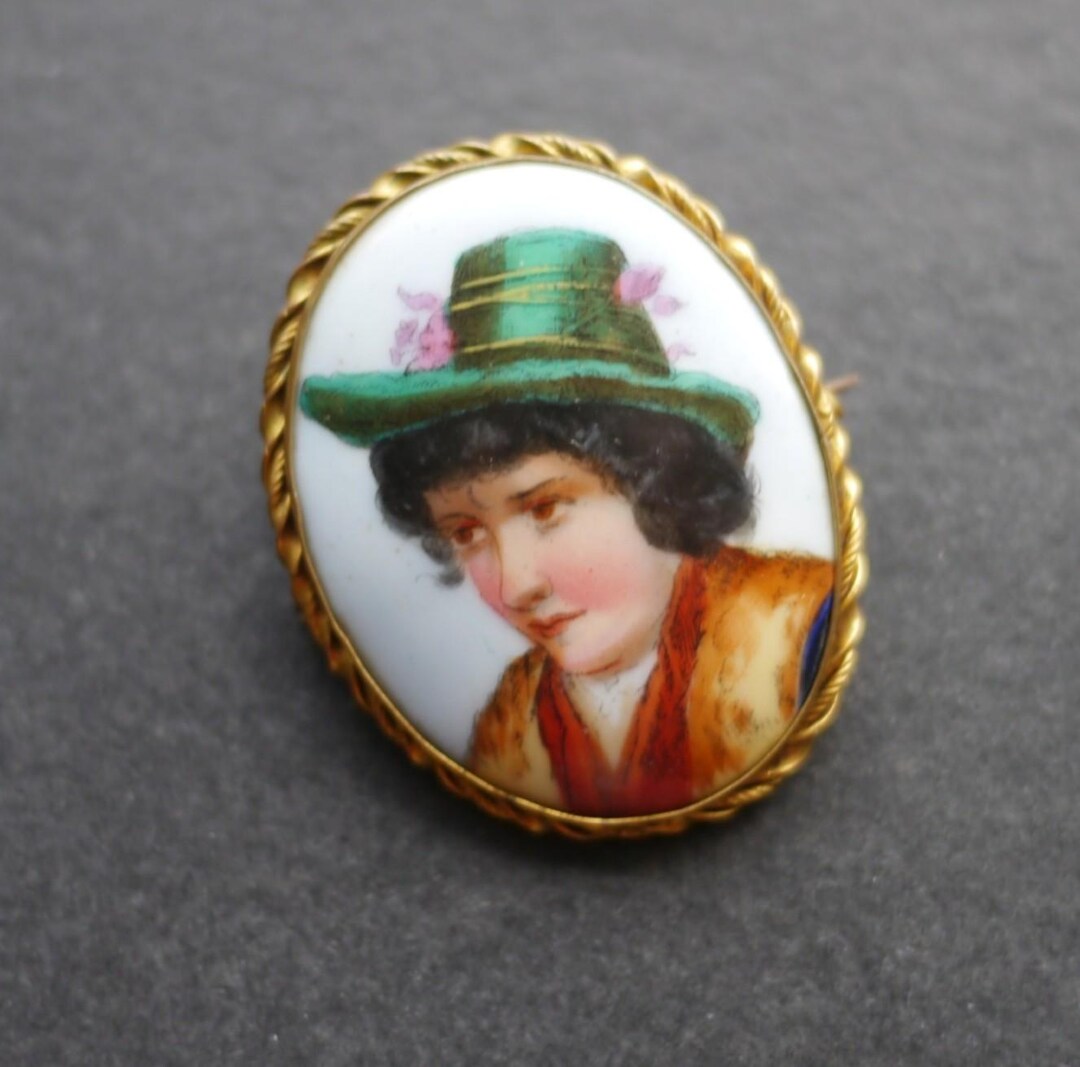 Victorian Hand Painted Portrait Brooch Tyrolean Boy, Gold Tone Metal ...