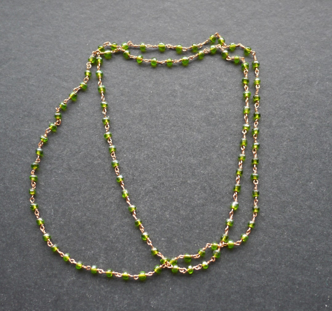Vintage Seed Bead Necklace, Small Green Beads, Copper Tone Metal Links ...