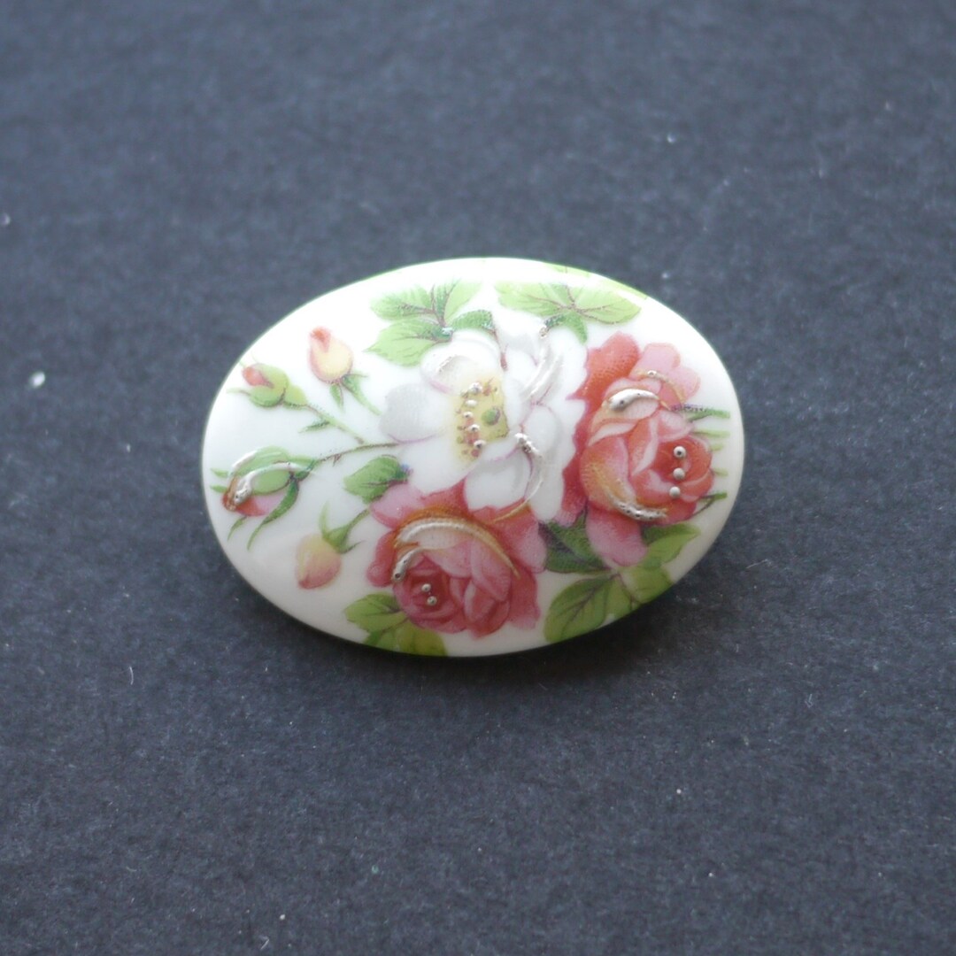 Vintage Porcelain Oval Brooch With Pink and White Flowers - Etsy