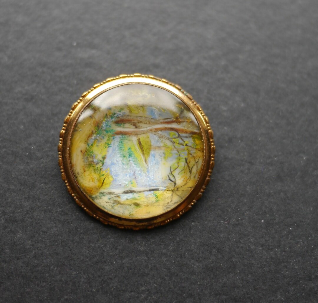 Hand Painted TLM Thomas L Mott Bluebell Wood Scene Brooch Not Perfect ...