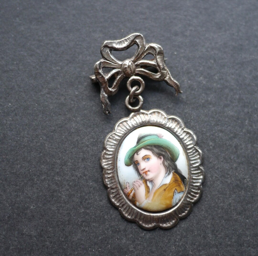 Victorian Hand Painted Portrait Brooch Tyrolean Boy, Porcelain on Metal ...
