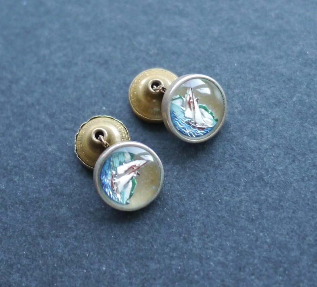 Sailing Ship Reverse Carved Glass and Gold Tone Metal Cufflinks ...
