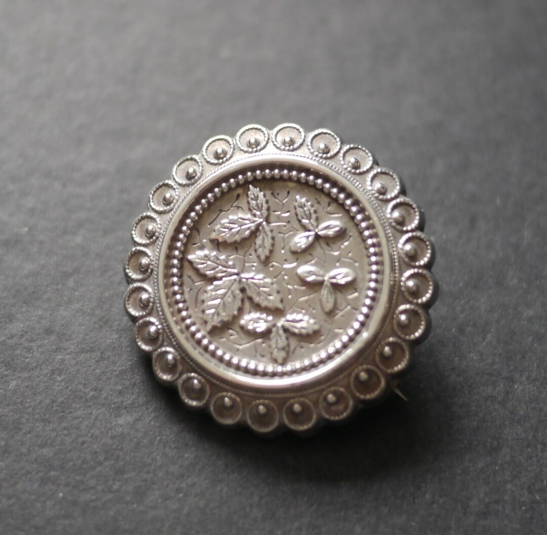 Victorian White Metal Locket Back Mourning Brooch With Engraved Leaves ...