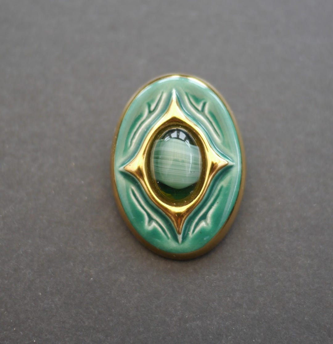 Vintage Ceramic Scarf Clip Green With Glass Cabochon With Gold Tone ...