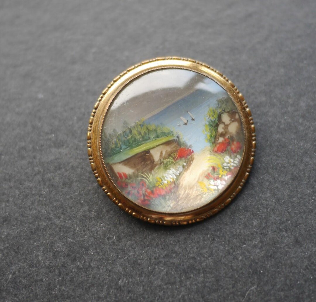 Hand Painted TLM Thomas L Mott Cliff and Sea Scene Brooch Made in ...