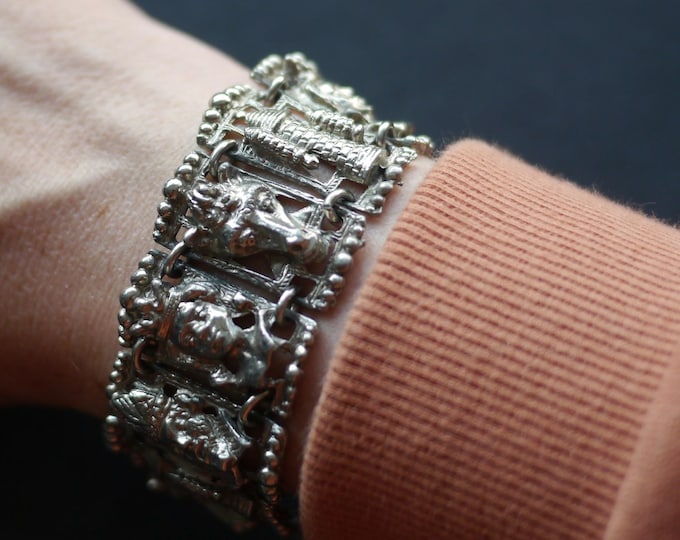 Silver Tone Metal Bracelet With Castles and Figures, Wide Chain - Etsy