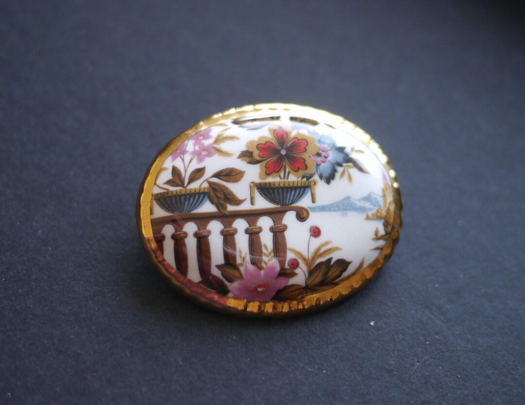 Porcelain Oval Scene Brooch White With Transfer Print and - Etsy