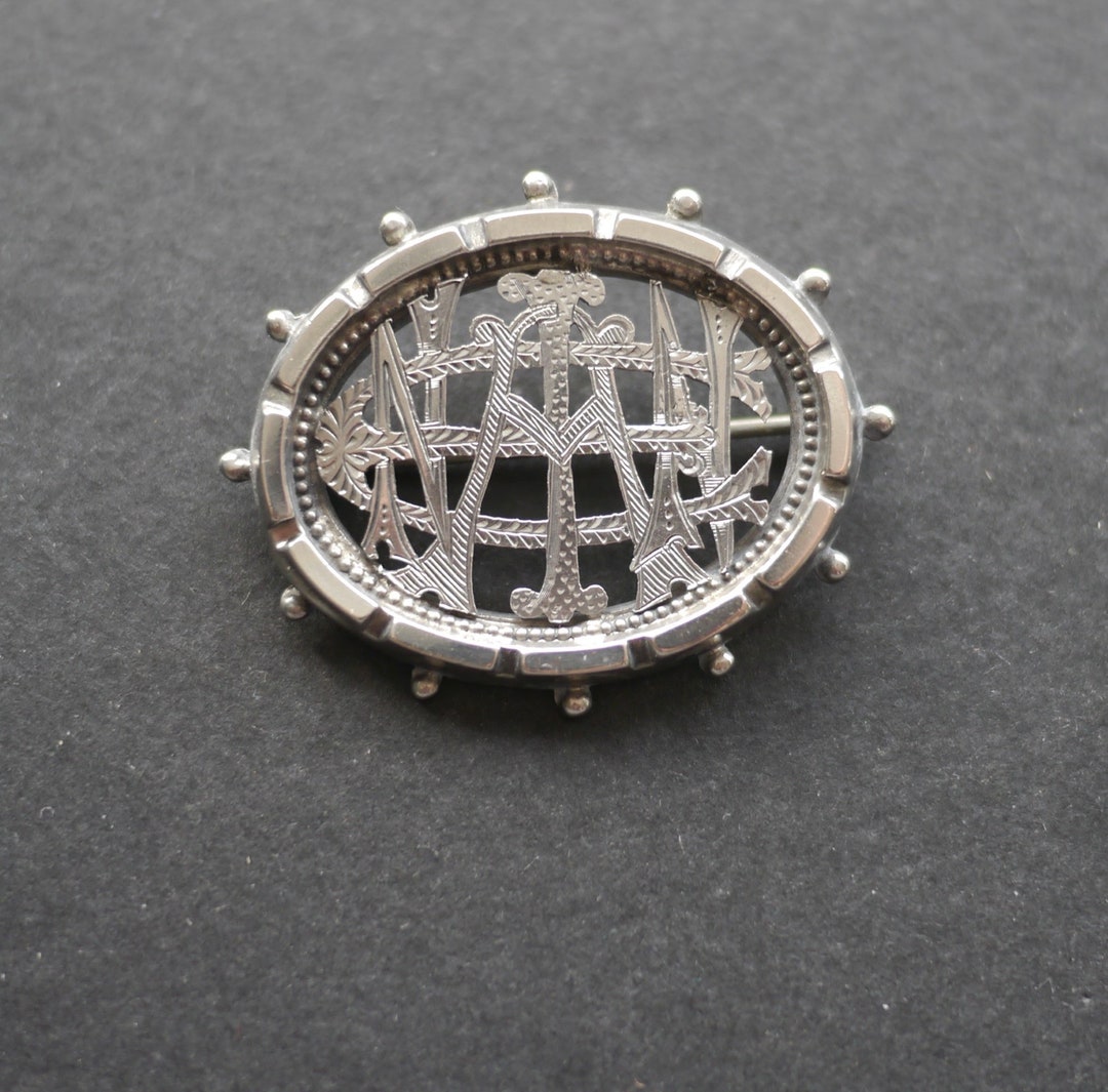 Victorian White Metal Name Brooch With Engraved Monogram Puzzle ...