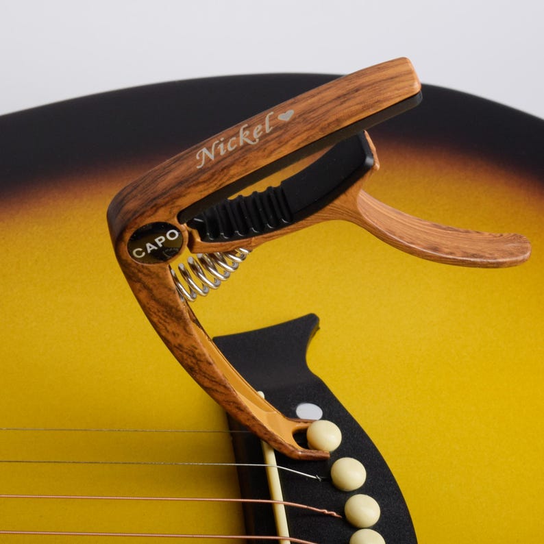 Custom Engraved Metal Guitar Capo, Wood Grain Finish, Personalized ...