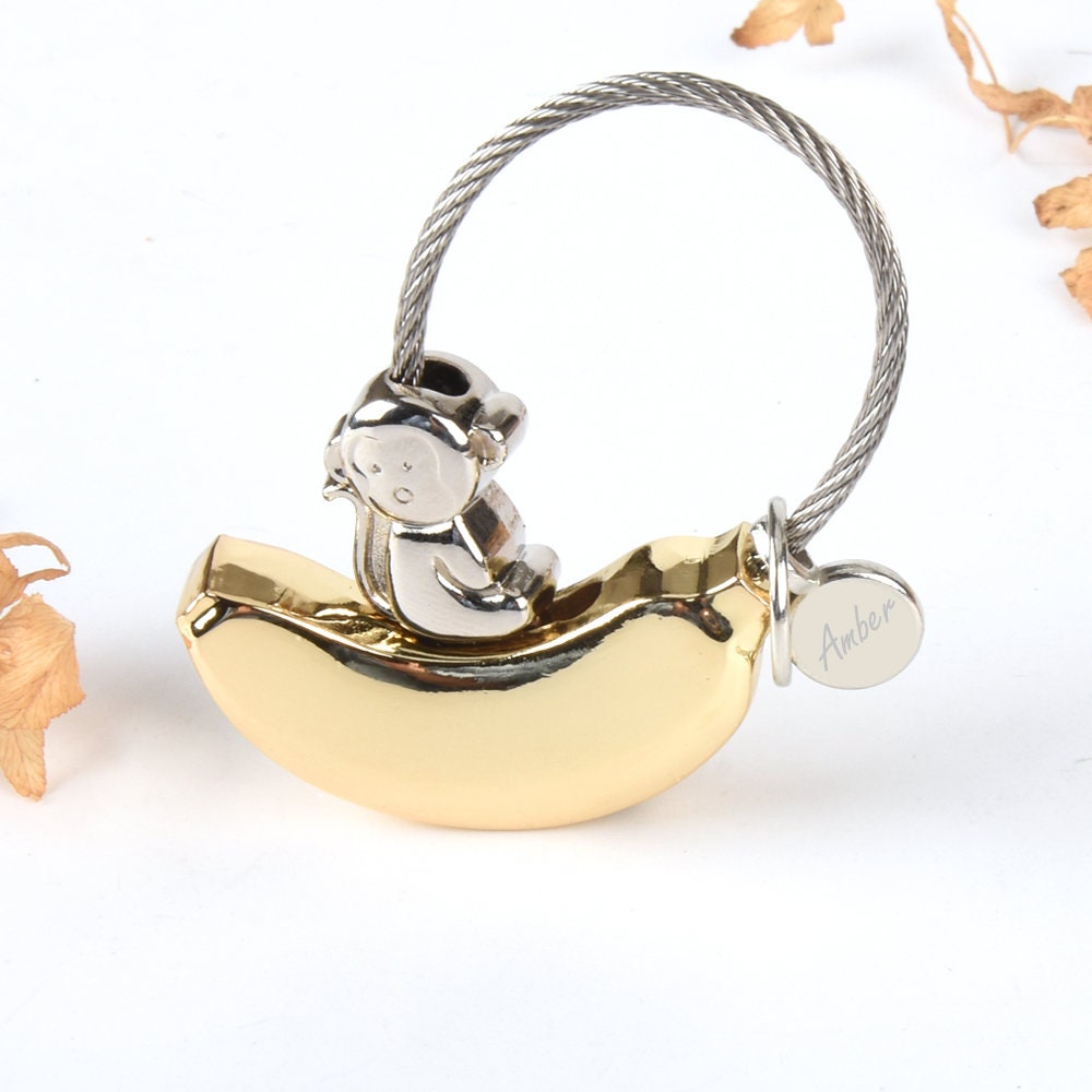 Monkey keychain with Personalized engraved message Banana bag | Etsy