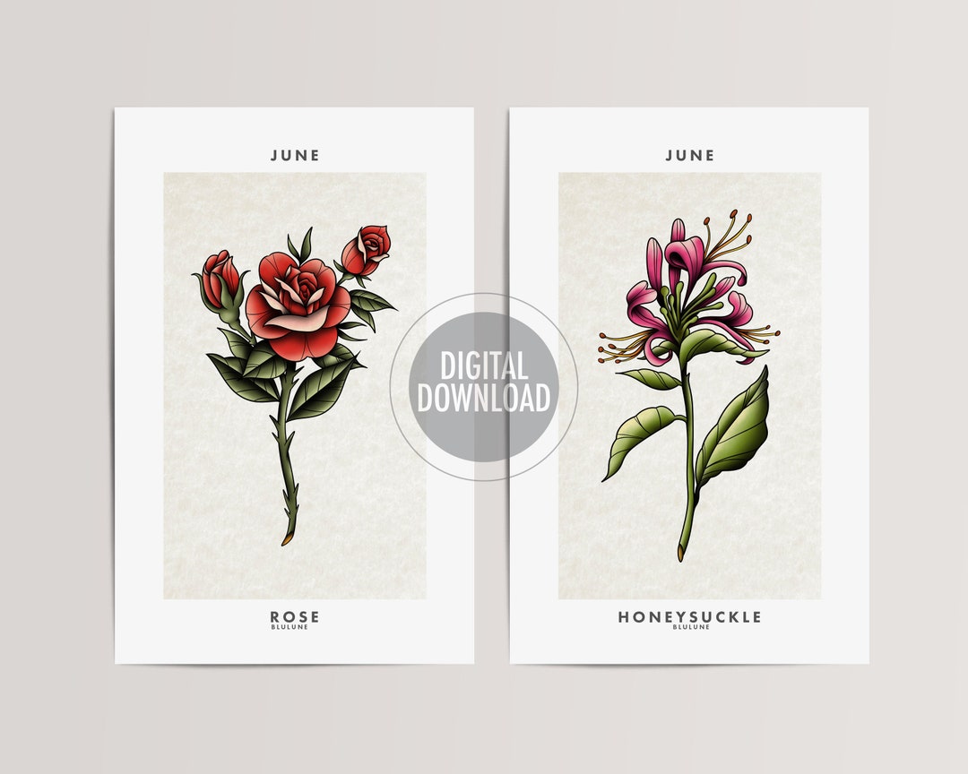 June Birth Flower Art Digital Download Vintage Tattoo Style Rose ...