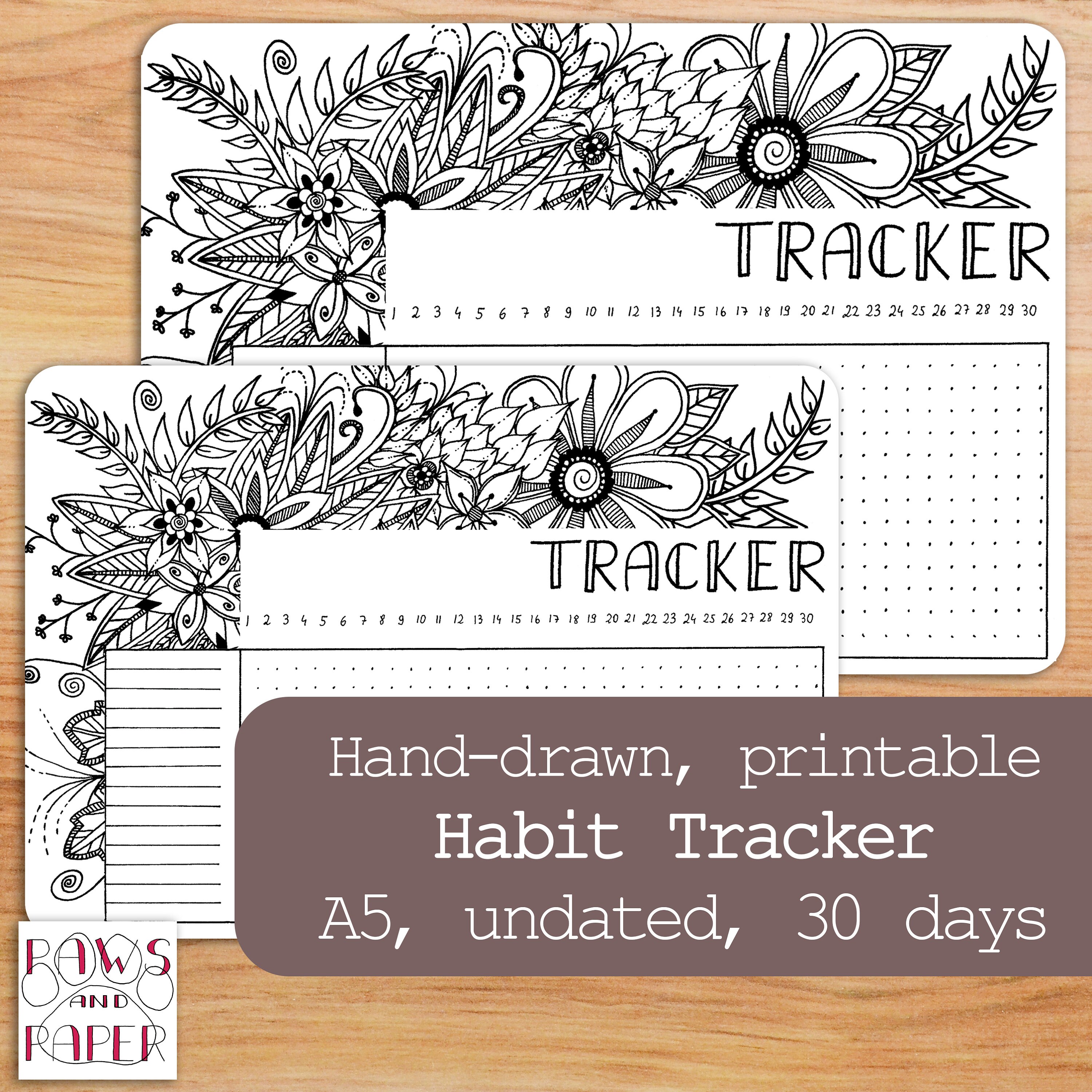 Habit Tracker Printable for 30 Days, Undated. Hand-drawn Floral ...