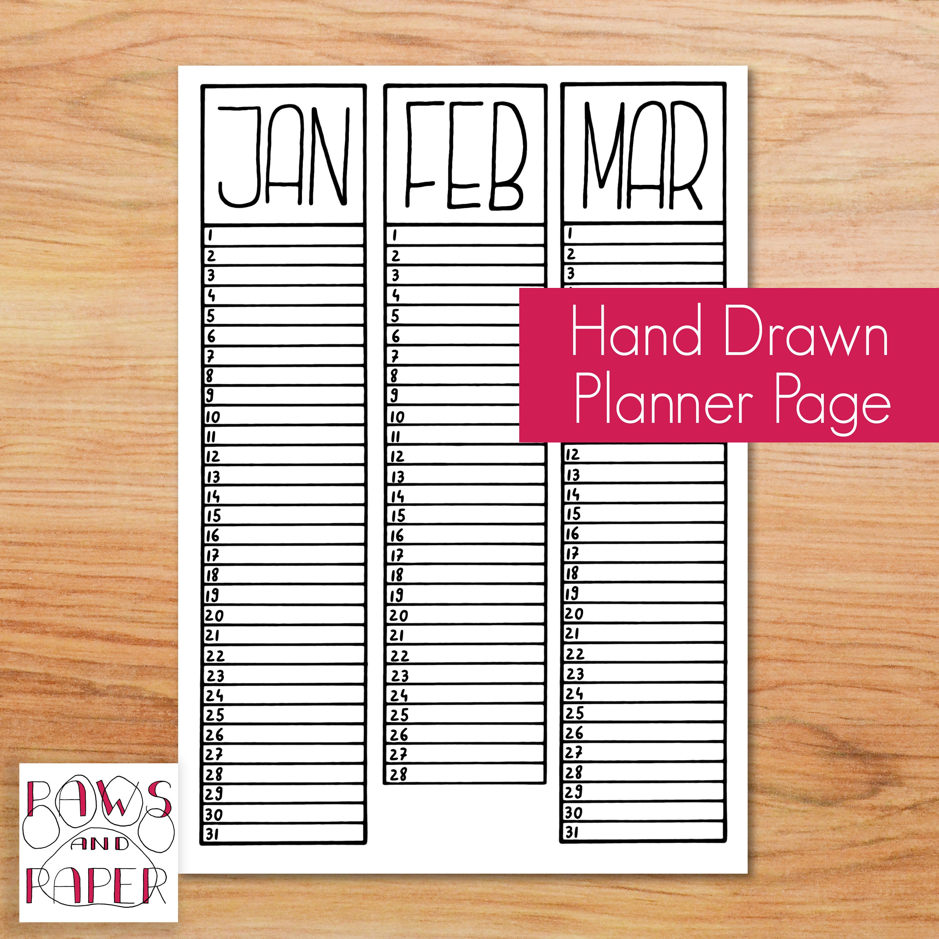 Undatierter 2019 Kalender 3 Monate auf einer Seite Bullet | Etsy