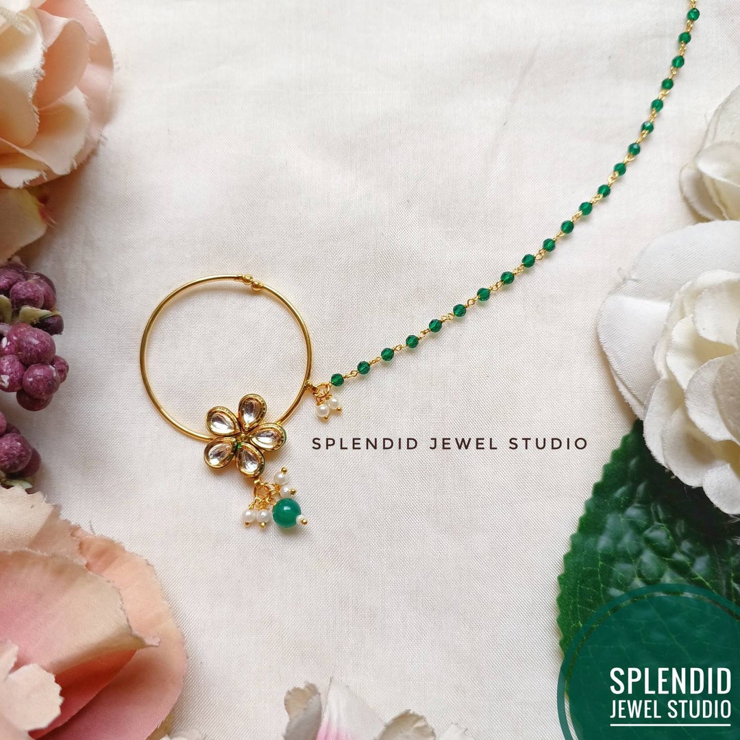 Green Nath, Kundan Nose Ring, Nath Nose Ring for Wedding, Nose Pin for ...