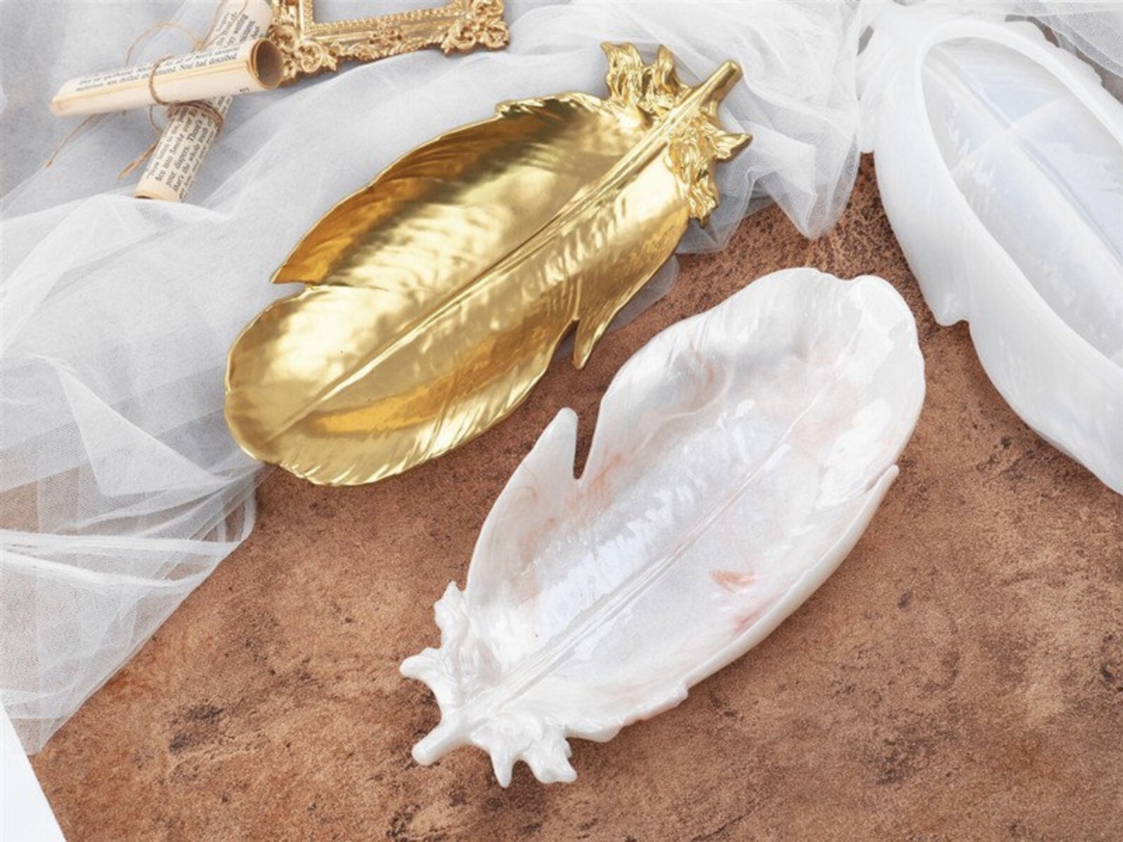 Large Feather Tray Silicone Mold for Resin, Shiny Feather Plate Mold ...