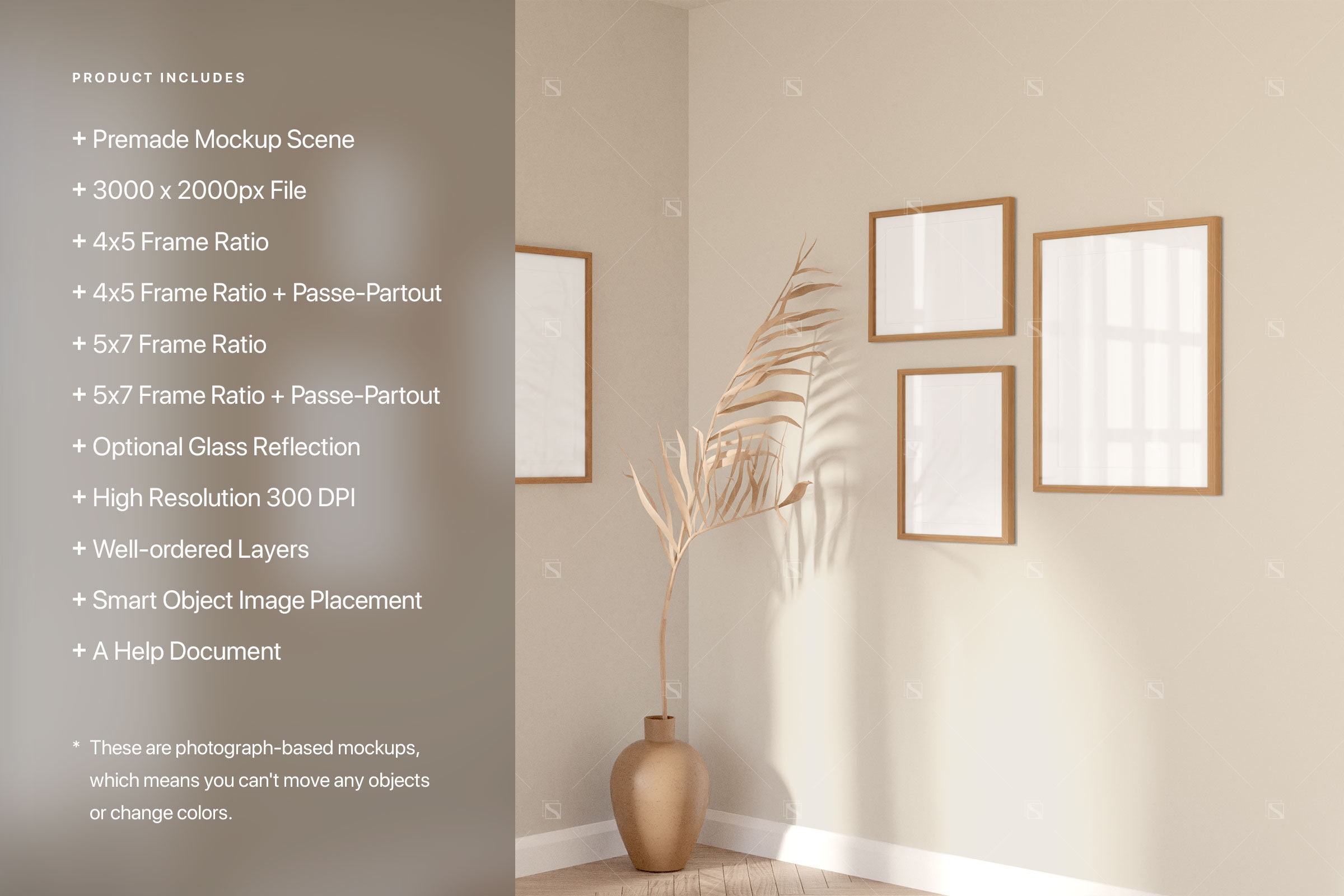 Six Frame Mockup Scene, Glass Reflection Options, Passe-partout Options ...