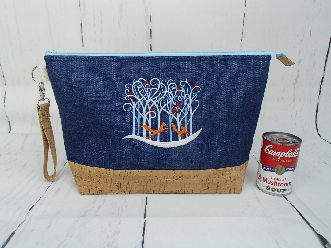 Large Wedge Knitting Crochet Project Bag With Handle. Embroidered Foxes ...