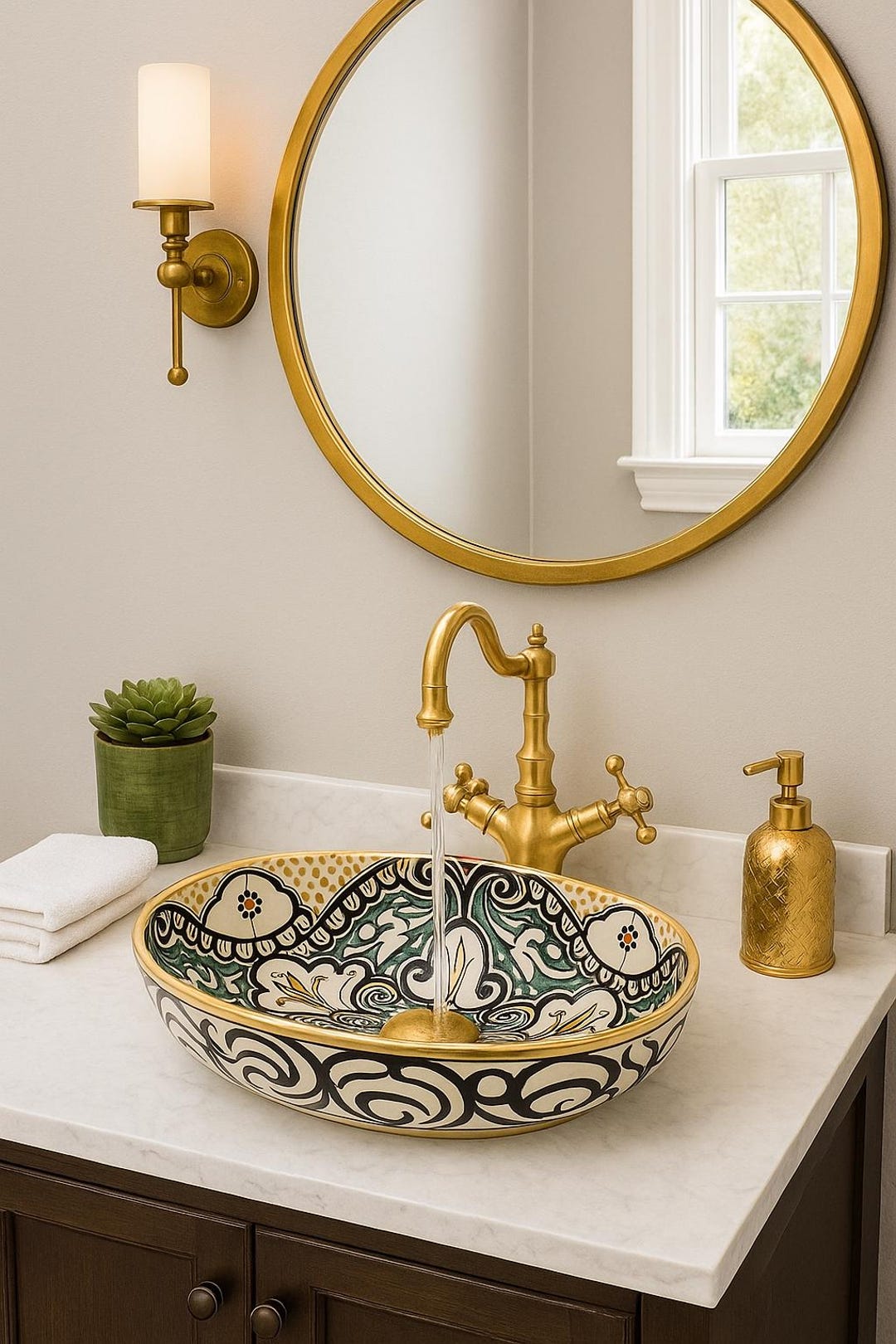 Handmade Moroccan Ceramic Sink – Oval Bathroom Vessel With Gold Rim ...