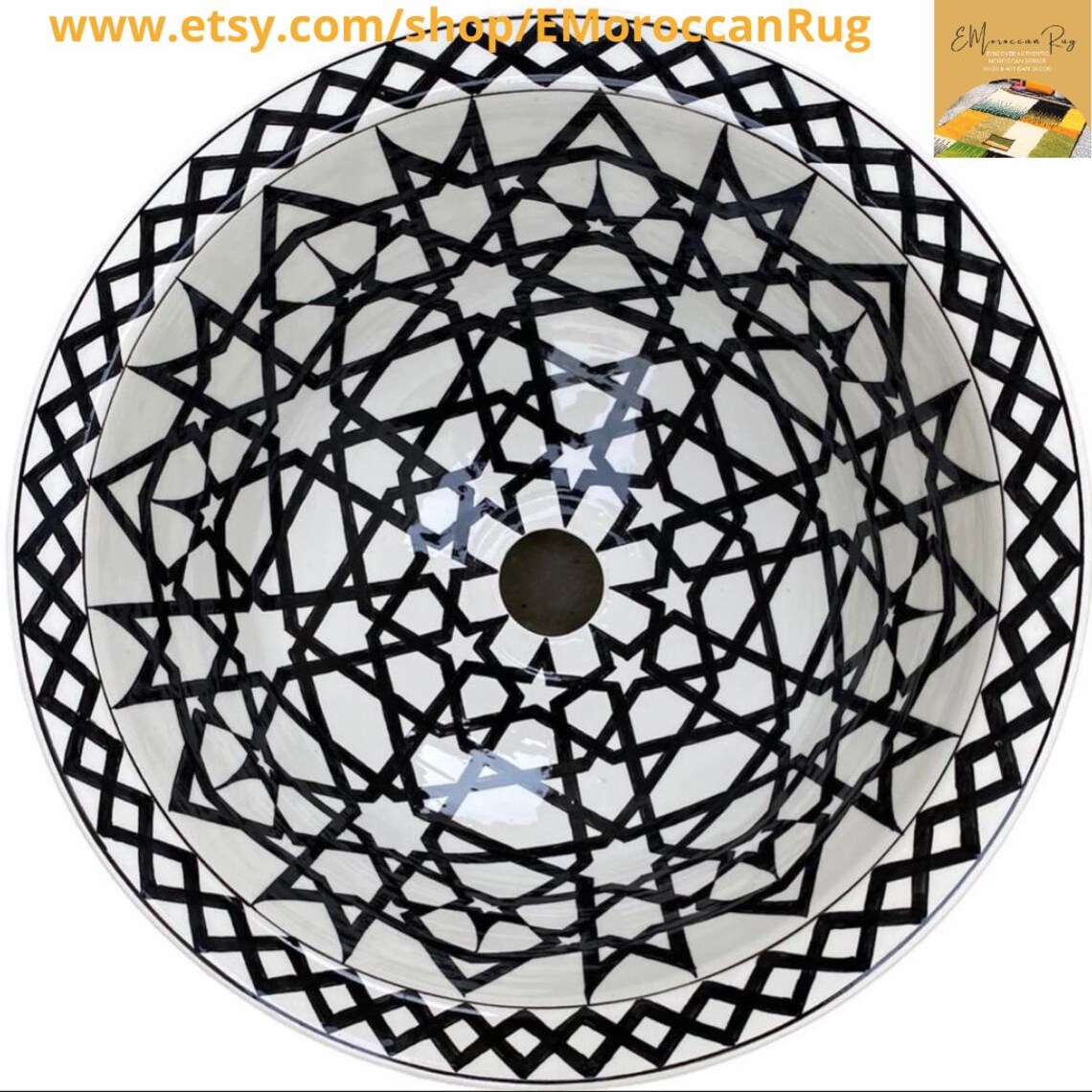 Handmade Moroccan Ceramic Sink With Black Geometric Design – Unique ...