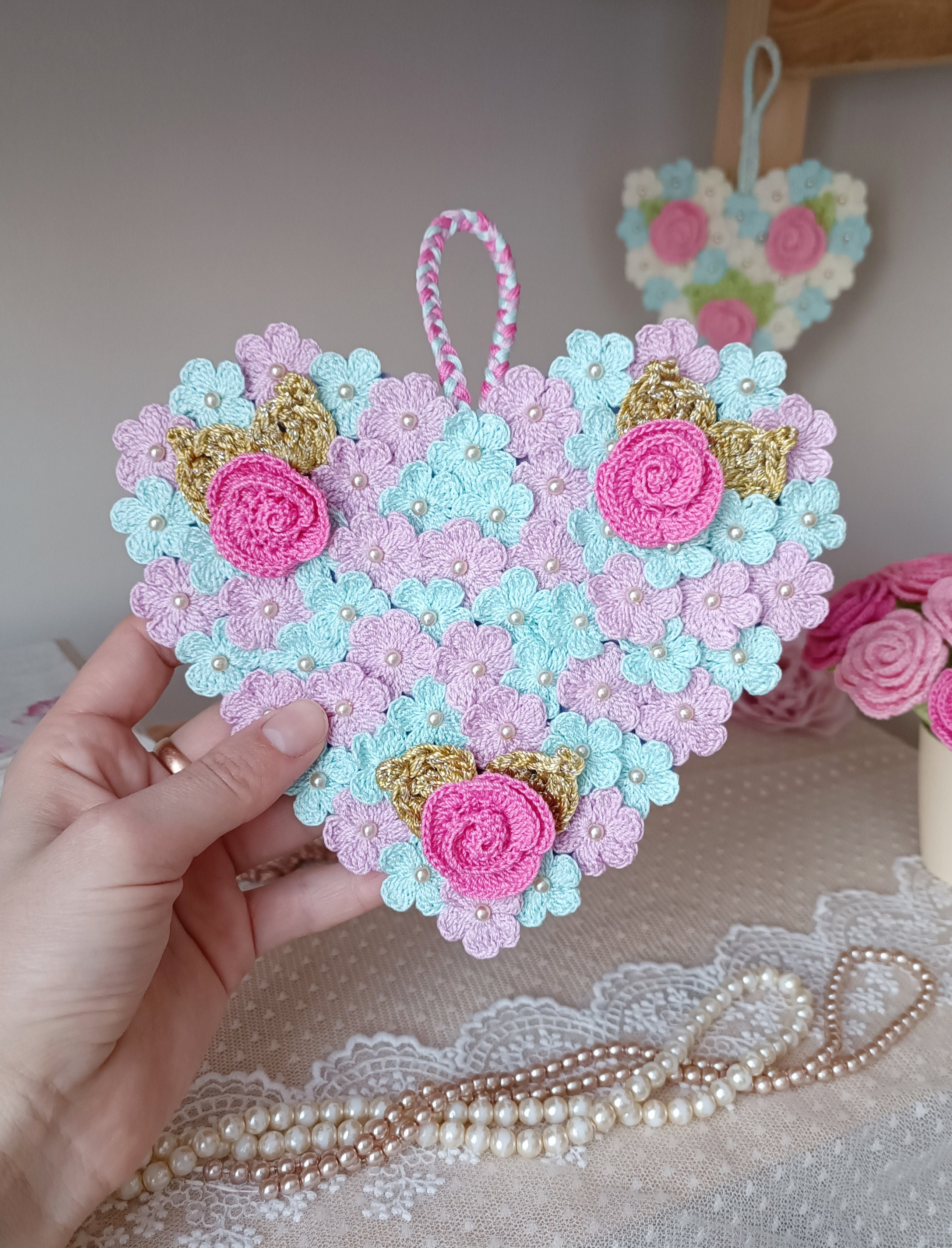 Crochet Heart Pattern. Valentines Day Gift. Flowers. Crochet Decotation ...
