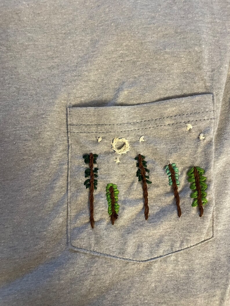 Hand-embroidered Pine Tree Pocket T Shirt - Etsy
