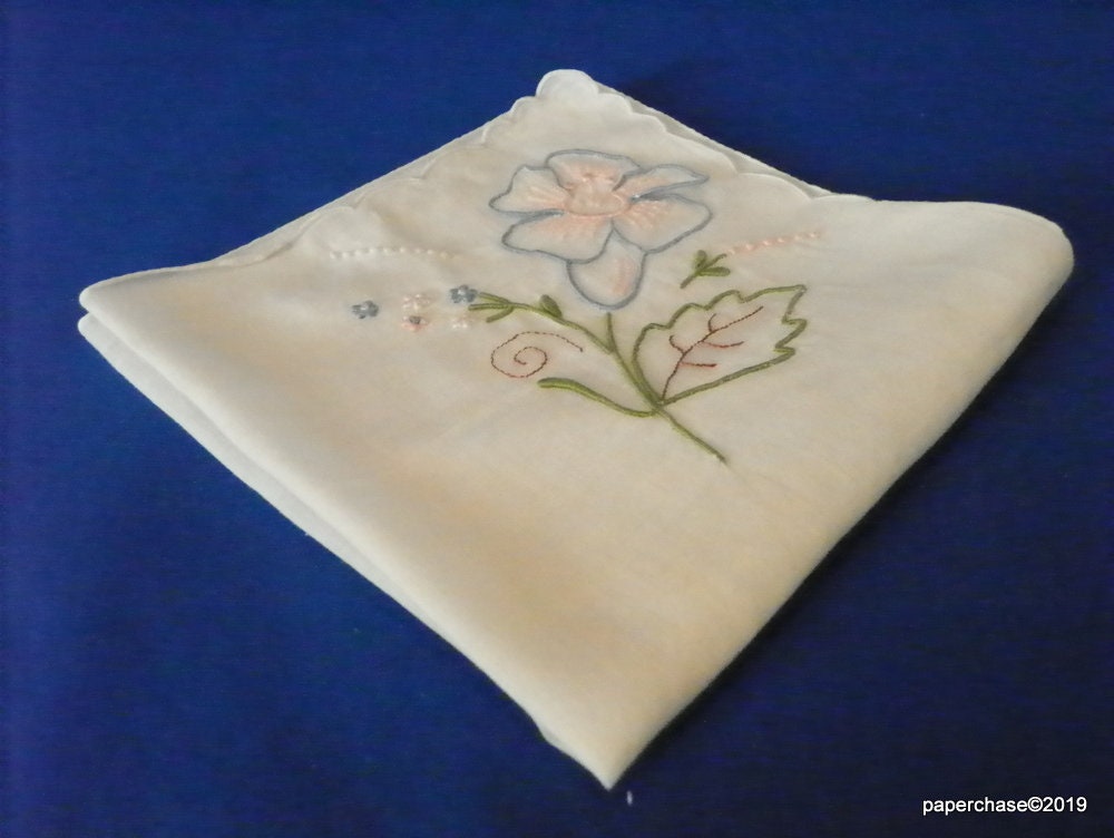 Vintage Handkerchief, 3D Floral Embroidery, Ladies Hankie, Cotton Hanky ...