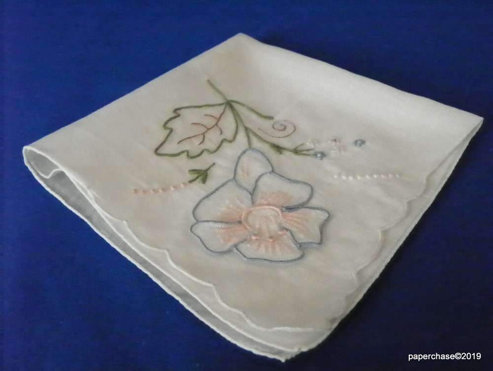 Vintage Handkerchief, 3D Floral Embroidery, Ladies Hankie, Cotton Hanky ...