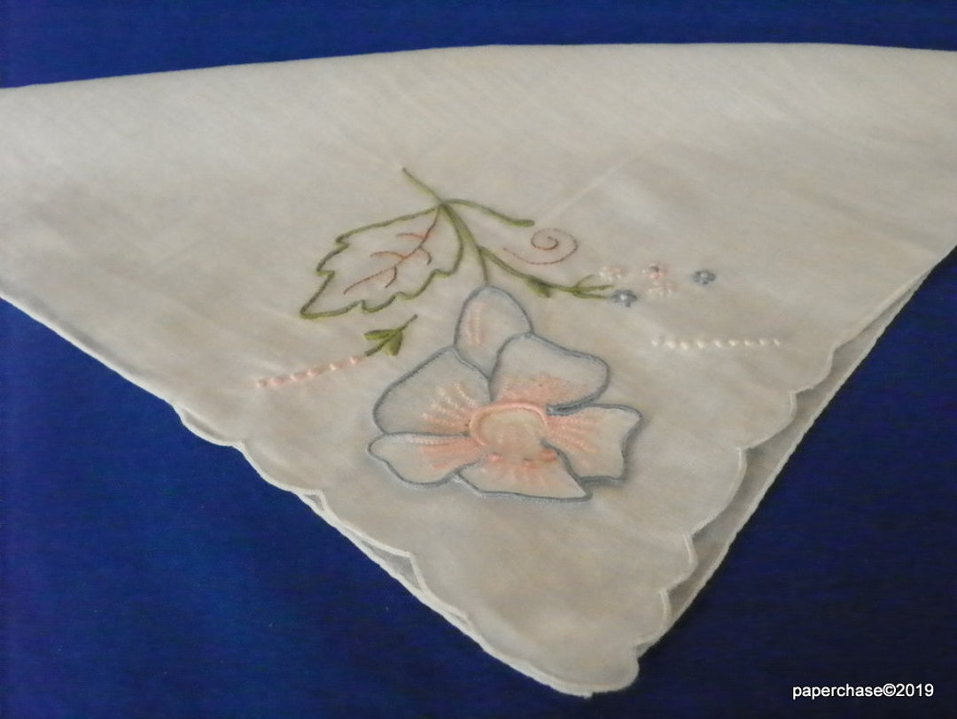 Vintage Handkerchief, 3D Floral Embroidery, Ladies Hankie, Cotton Hanky ...
