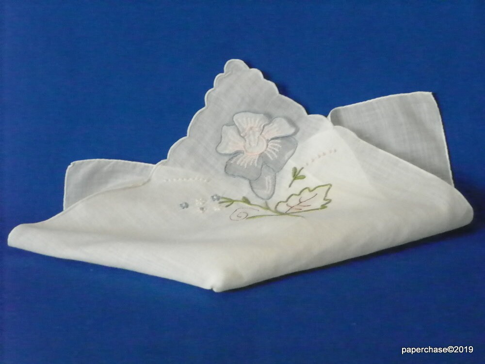 Vintage Handkerchief, 3D Floral Embroidery, Ladies Hankie, Cotton Hanky ...