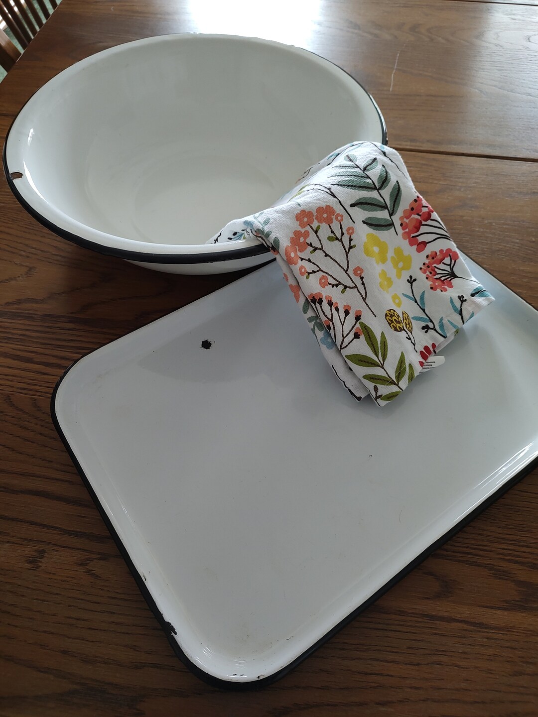 Pair of Vintage Enamelware Large Enamelware Bowl Enamelware Tray Retro ...