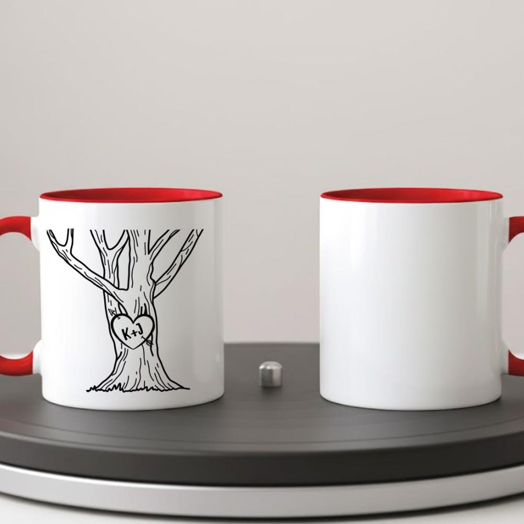 Custom Tree Carving Coffee Mug, Personalized Initial Heart Mug, Red ...