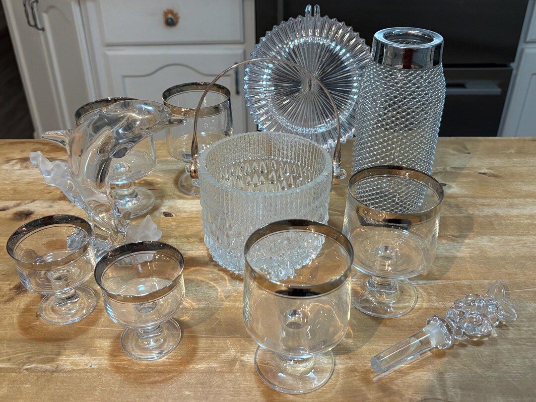 VINTAGE Trifle Bowls Platinum Rim; 4 Teleflora Glass Icicle Ice Buckets ...