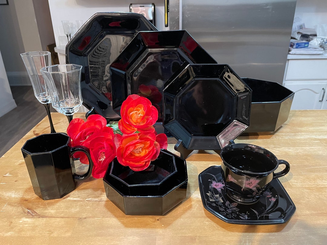 SALE 35p French Arcoroc Black Octime Glass Dinnerware Bowls Mugs Dinner ...